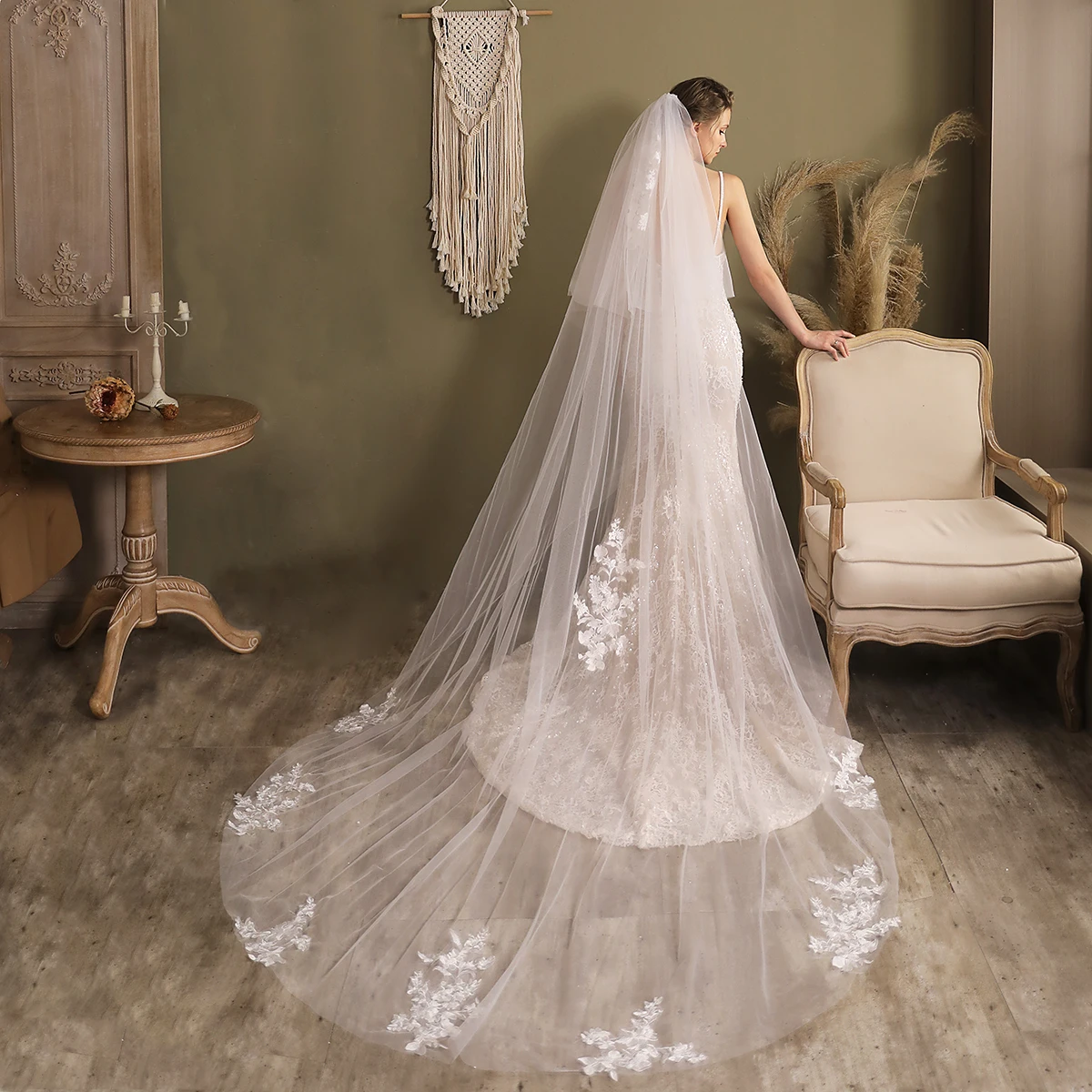 Pearl Wedding Accessories , Lace Bridal Veil , 2 Layer 70cm / 230cm ...