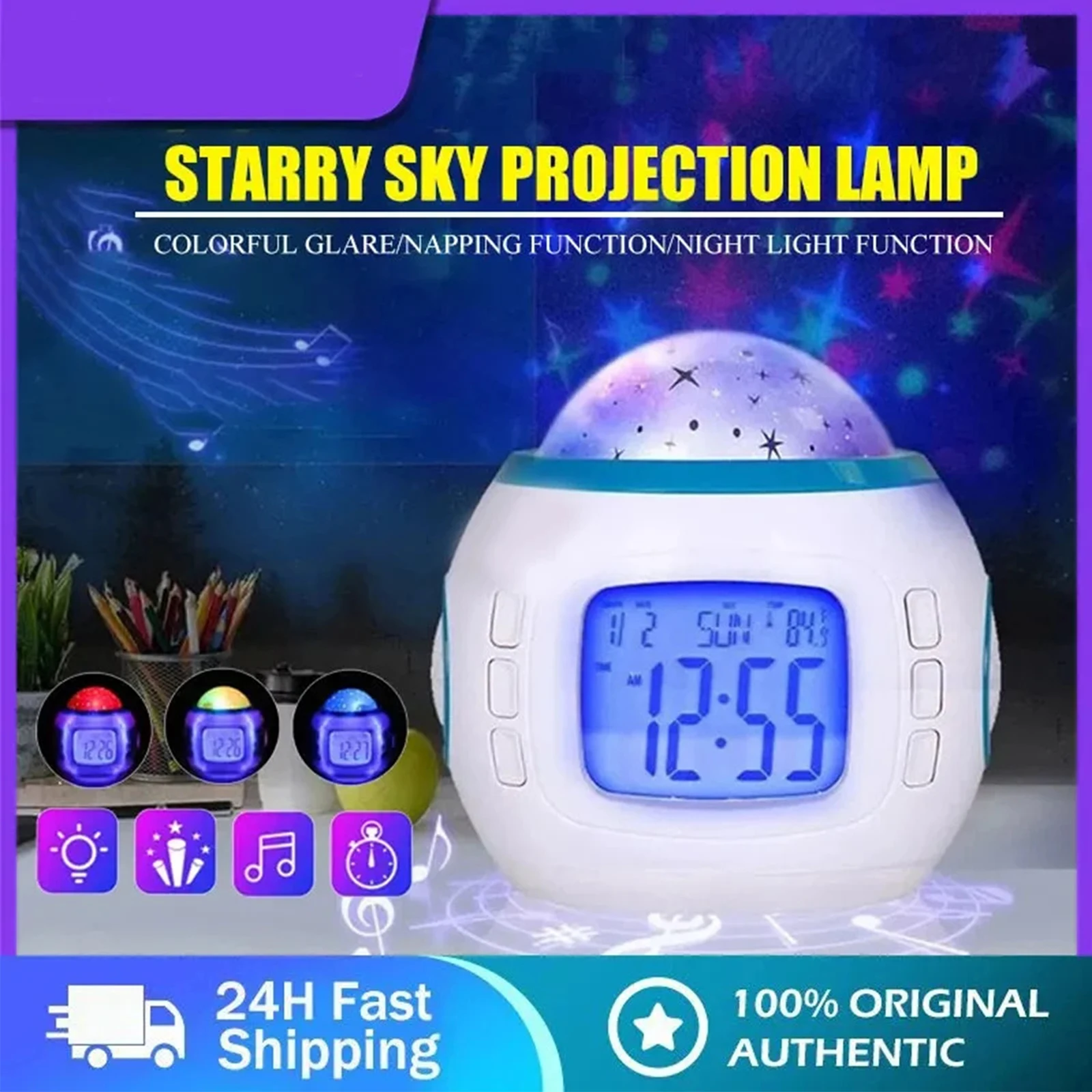 LED Music Alarm Clock Fantasy Music Full Of Stars Projection Digital ...