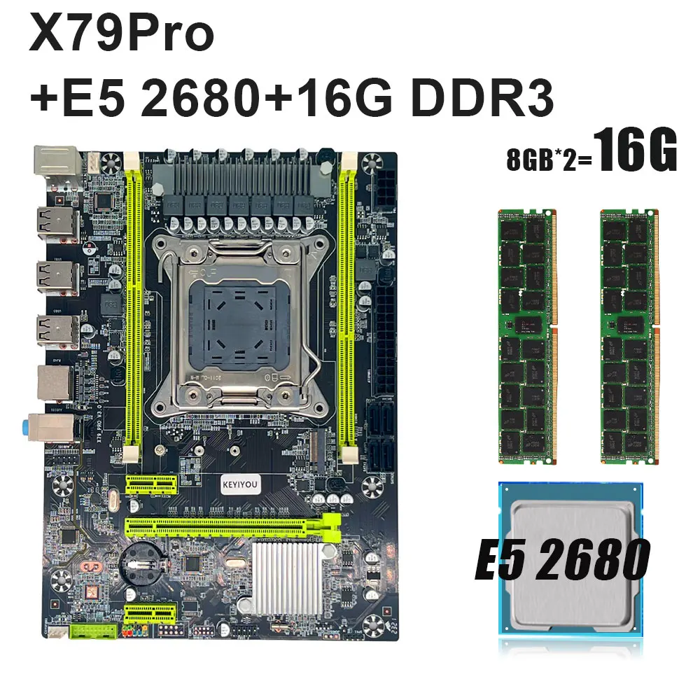 X79 Pro Motherboard Set, X79 Set, LGA 2011, V1 V2 com 16GB DDR3 ECC REG RAM Xeon Kit, E5 2680, 2 ...