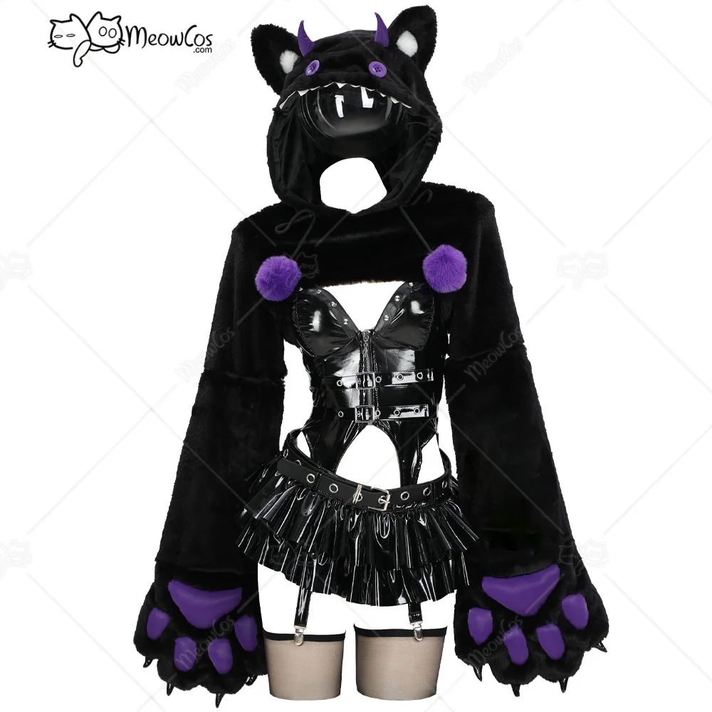 MEOWCOS Women's Pawsitive Mood Gothic Sexy Lingerie Set Zipper Top and ...