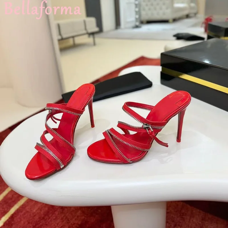 Luxury Red Open-Toe Slippers Double Zipper Design Stiletto Heel Fish ...