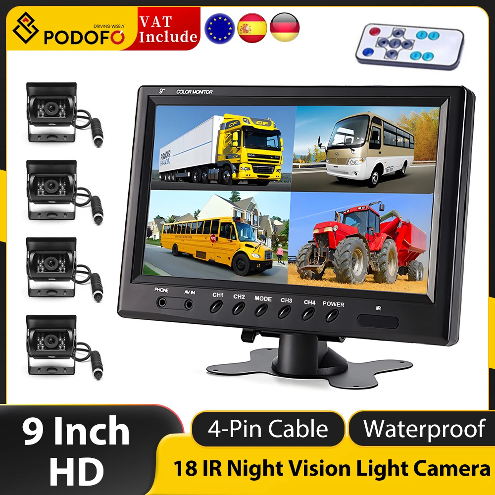 Podofo 9" 4 Screen Display Truck Vehicle Backup Camera & Monitor ...
