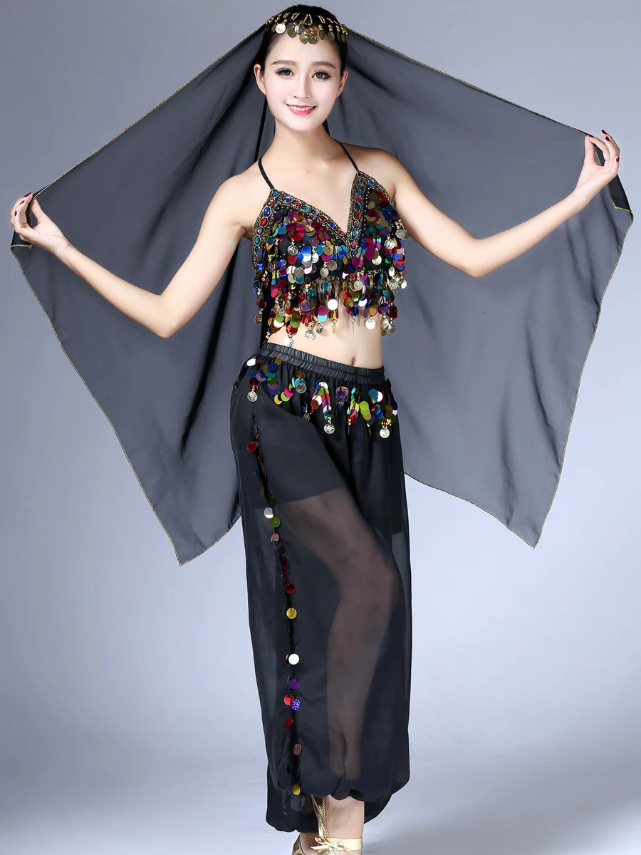 3-Piece-Lady-s-Belly-Dance-Chiffon-V-neck-Bandage-Sequin-Crop-Top-and ...
