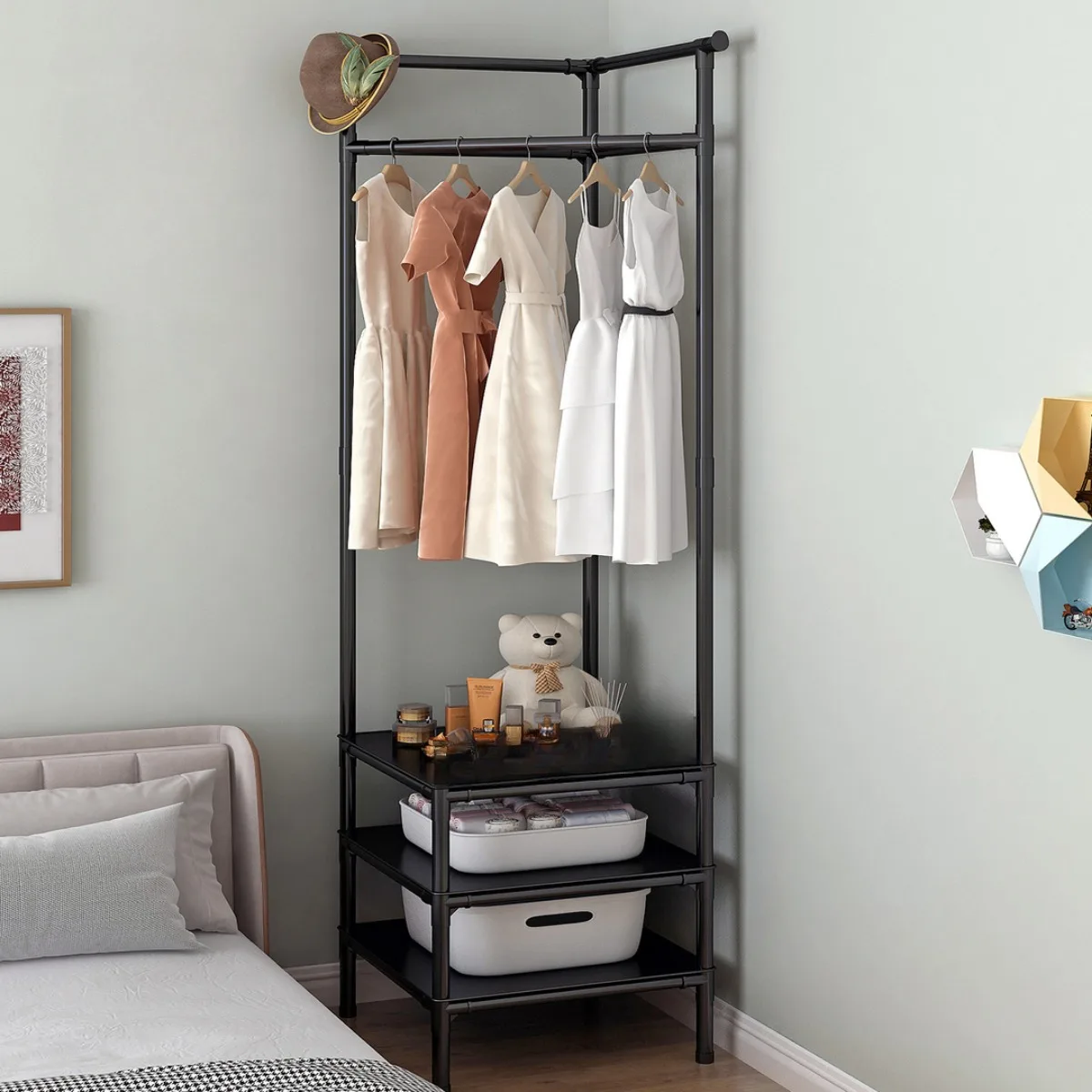2-in-1-Corner-Clothes-Rack-Nightstand-Coat-Rack-Storage-Bedroom-Clothes ...