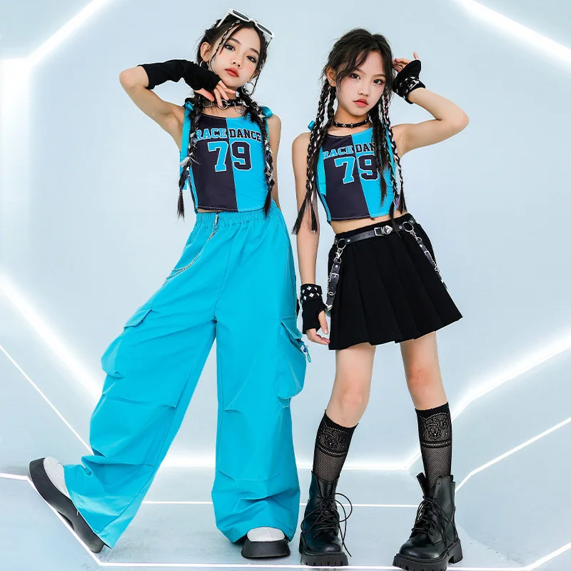 Girls-Kpop-Outfits-Jazz-Dance-Costume-Kids-Blue-Vest-Pants-Cool-Skirt ...
