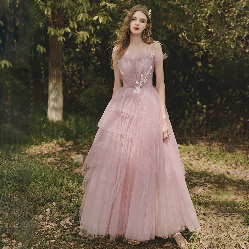 French-Evening-Dress-Elegant-Pink-Spaghetti-Strap-Appliques-A-Line-Prom ...