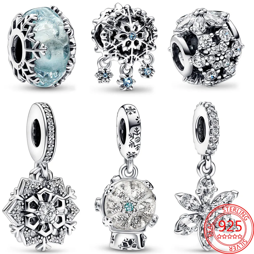 Winter Series S925 Silver Snowflake Charm Blue Murano Glass Beads Snow ...