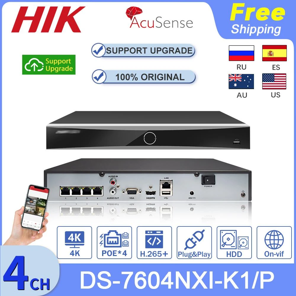 HIK Original NVR 4CH 4K 8MP DS-7604NXI-K1/4P Acusense H.265+ Network ...