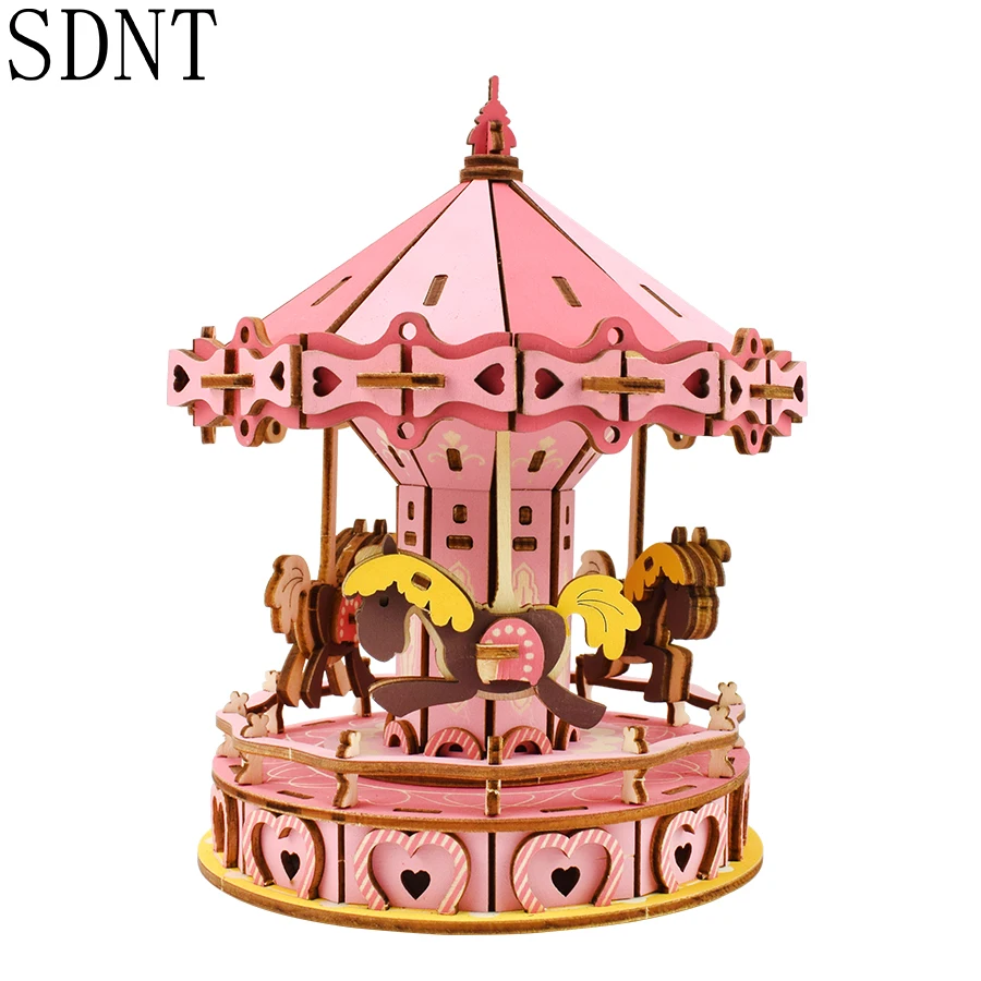 Happiness Merry-go-round 3d Wood Toys Puzzles For Kids Diy Pink ...