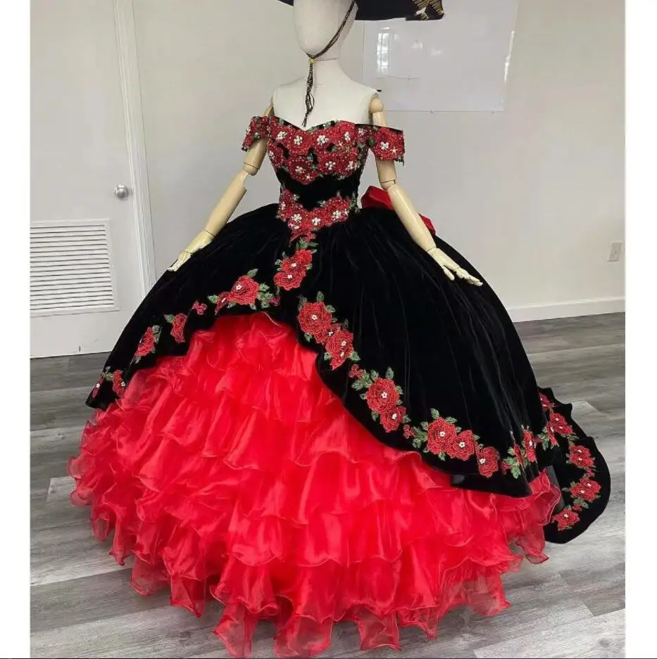 Dark Red And Black Quinceanera Dresses