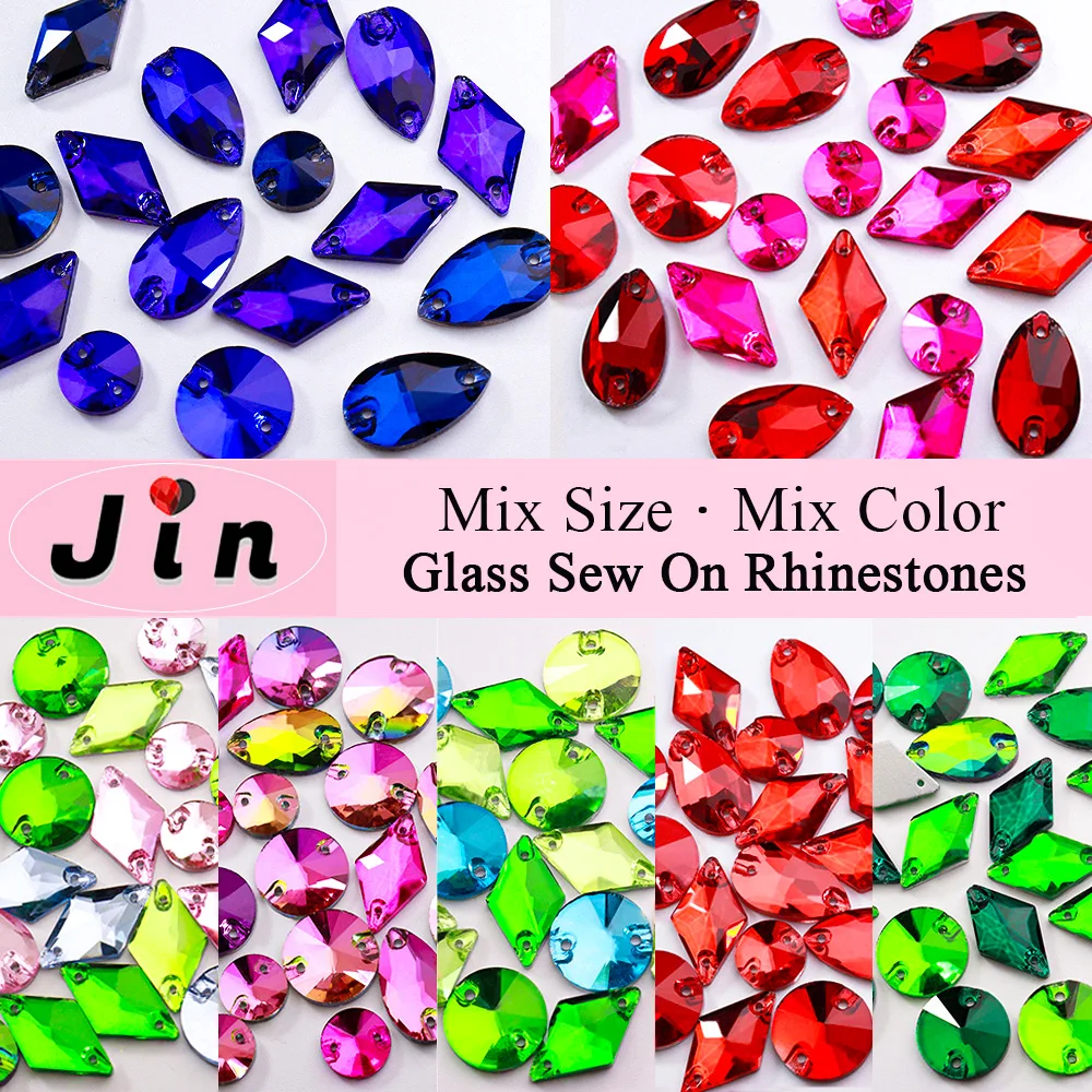 JIN 20/50/100Pcs Mix Size Glass Sew On Rhinestones Glitter Sewing ...