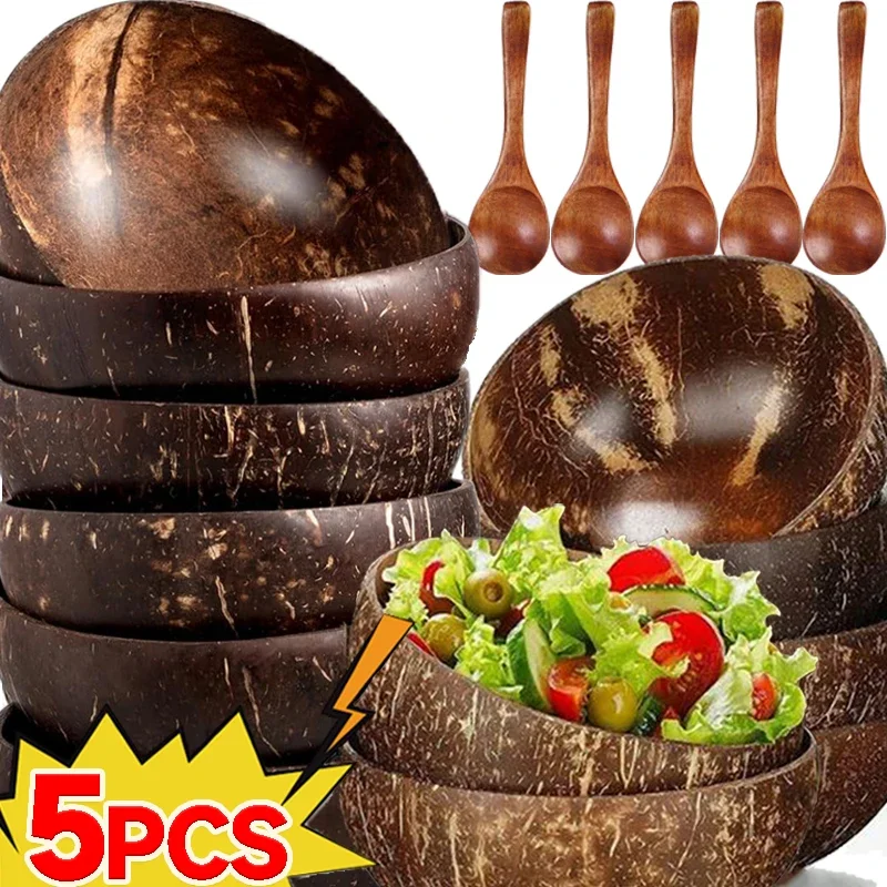 5-1Pcs-Natural-Coconut-Bowl-Wooden-Salad-Ramen-Bowl-Spoon-Set-Reusable ...