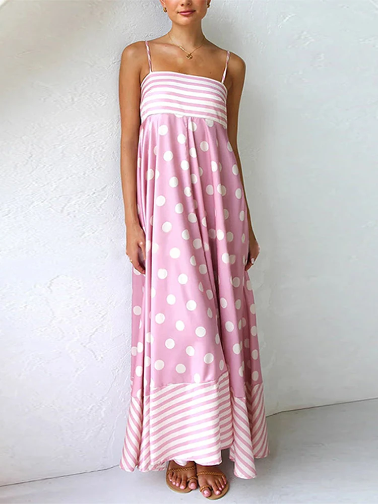 Pink Print Sling Dress Women Elegant Round Dot A Line Sleevelss Robe ...