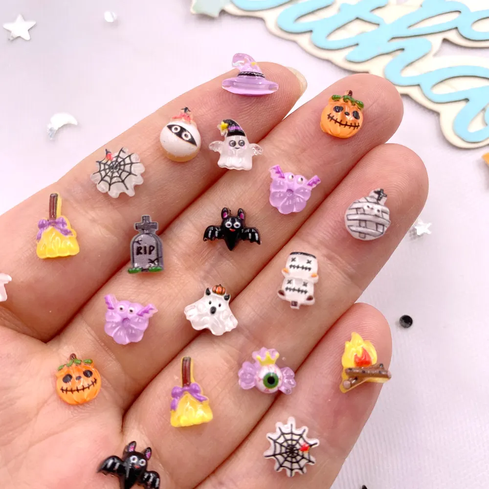 50pcs-Resin-Mini-Colorful-Halloween-Ghost-Pumpkin-Hat-Bat-spider-Flat ...