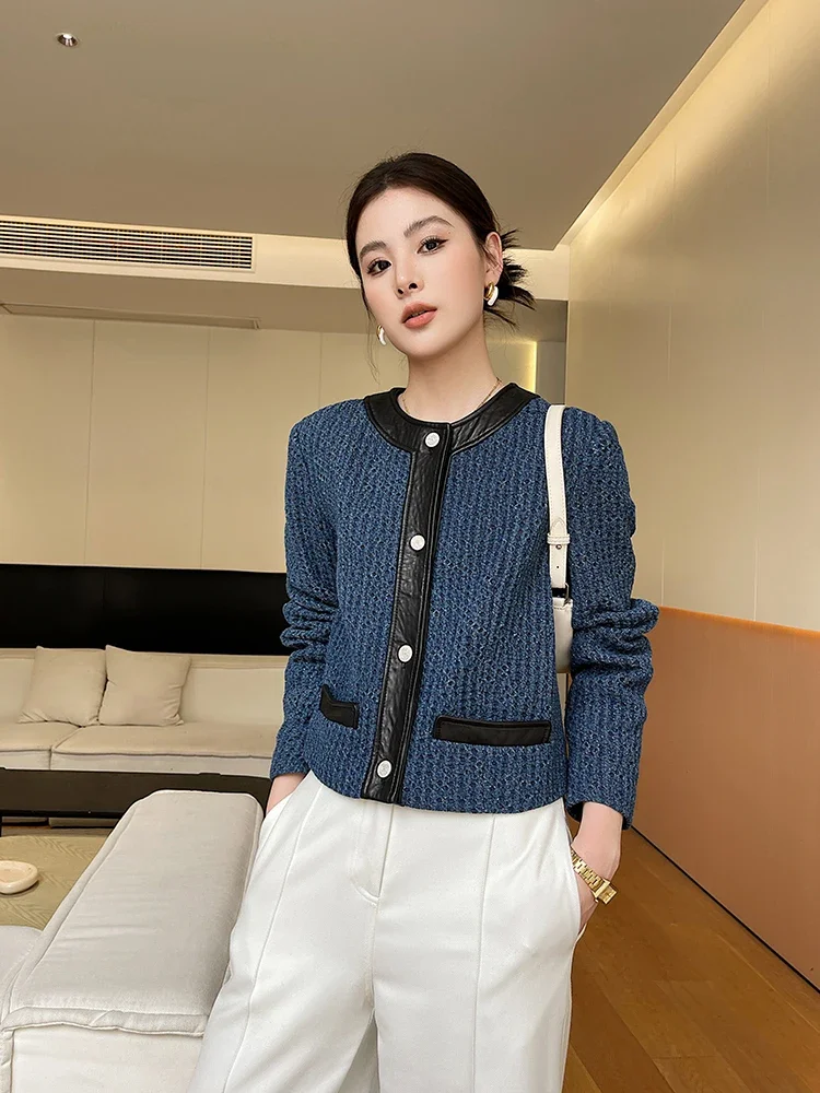 Genuine-Leather-Patchwork-Tweed-Jacket-for-Women-Spring-Autumn-2024 ...