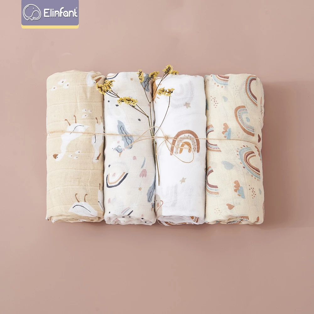 Elinfant Solid Print Color 100% Cotton 4PCS Gift Set Popular Muslin Swaddle Blankets 120*110cm ...