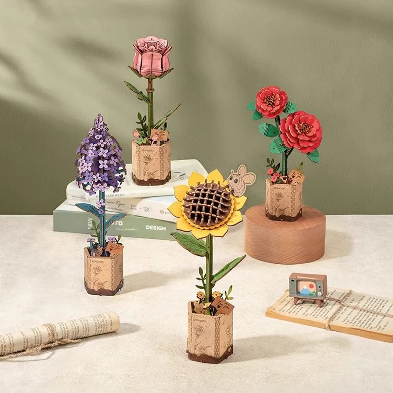 Wood Art Three-Dimensional Puzzle Block Flower Assembly Bouquet Desktop ...