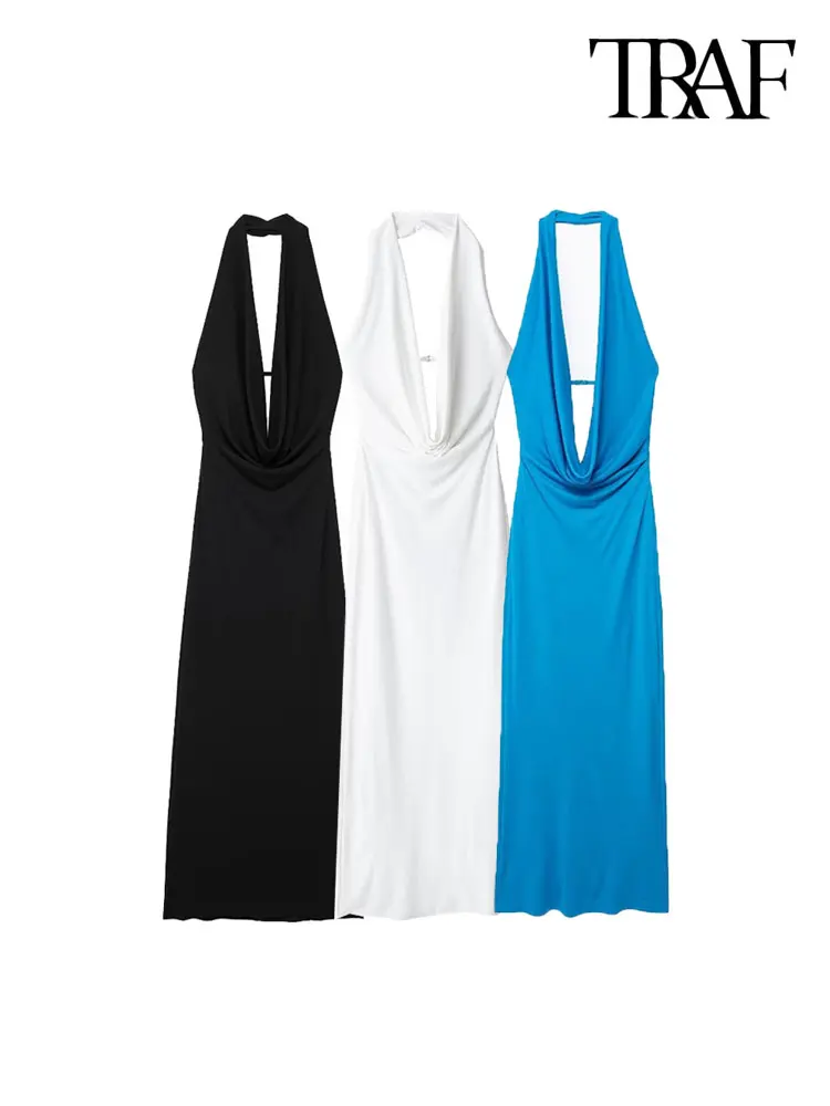 TRAF-Women-s-Draped-Halter-Neck-Midi-Dress-Backless-Back-with-Strap ...