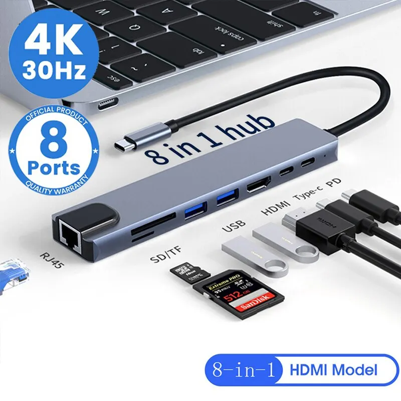 8in1-USB-C-HUB-Type-C-Splitter-4K-Thunderbolt-3-Docking-Station-Laptop ...