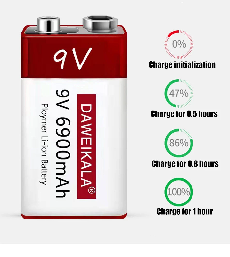 9V Battery 6900mAh li-ion Rechargeable battery Type-C Batteries 9v USB ...