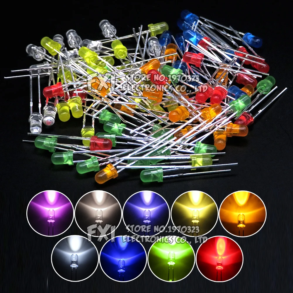 100 Stuks F3 Led Diode 3Mm Diverse Kit Wit Groen Rood Blauw Geel Oranje ...