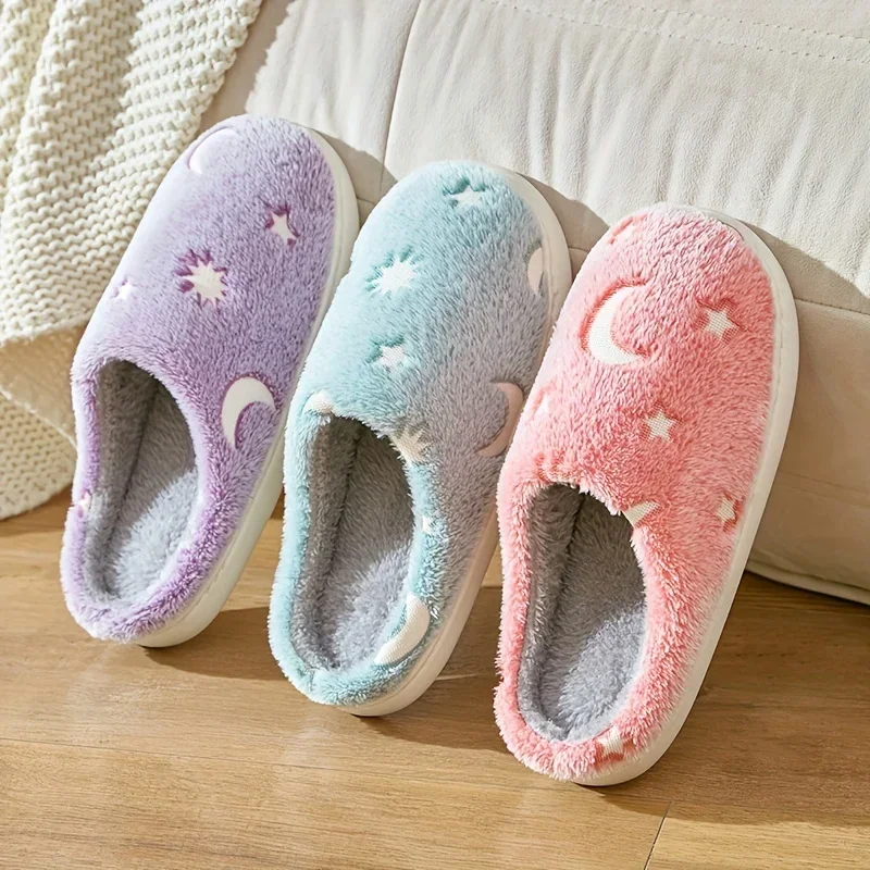 Women Stars & Moonlight Print Plush Slippers Slip On Soft Sole Flat Non ...
