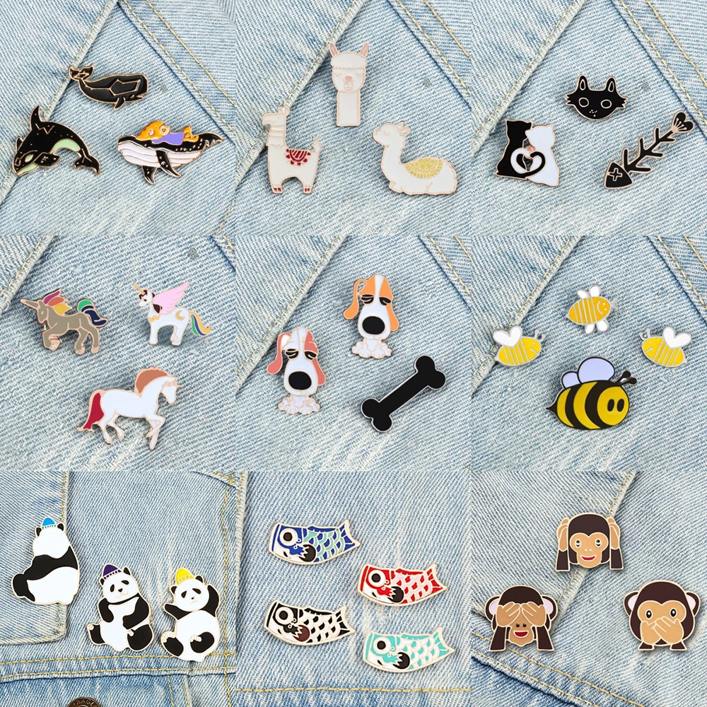 3-4pcs-set-Cute-Animal-Brooch-Cartoon-Unicorn-Cat-Dog-Monkey-Fish ...