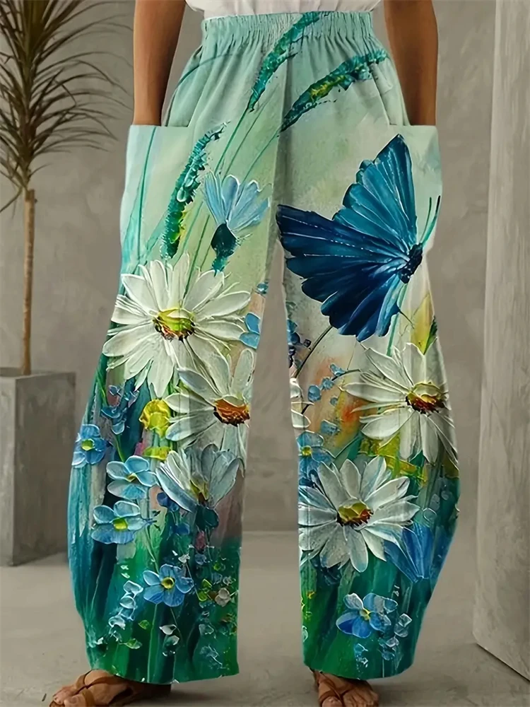 Fashion New Flowers Butterfly Print Pants Casual Delicate Ladies Wide ...