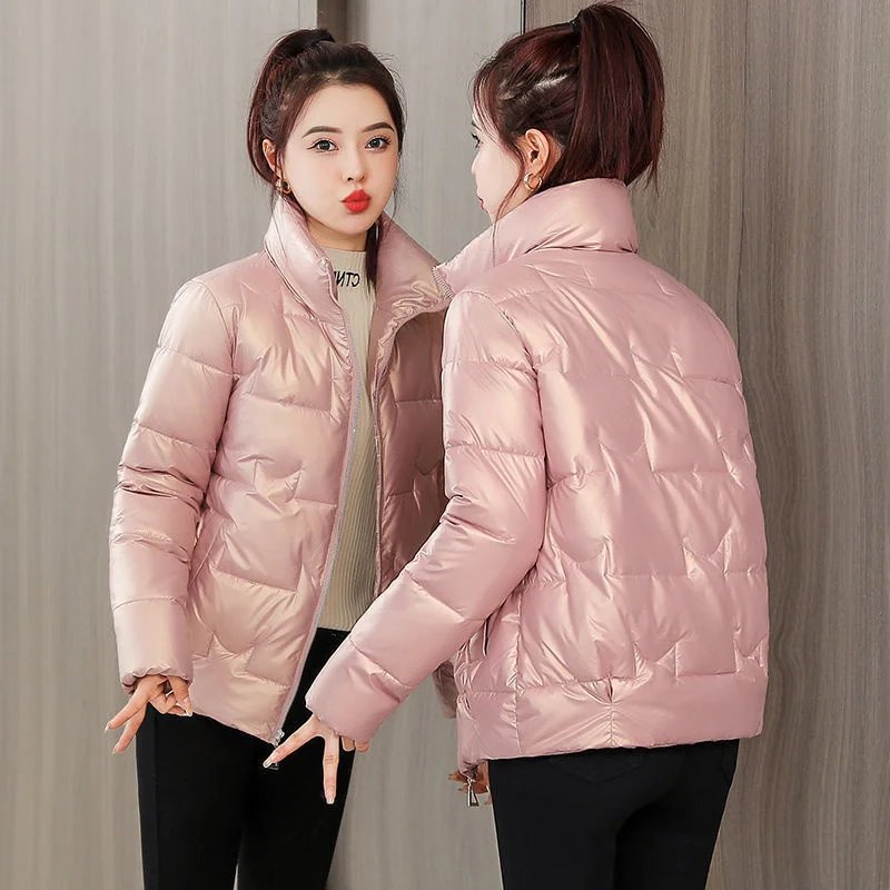 Glossy Pink Cotton Padded Jacket Women Winter Fashion Female Parkas ...