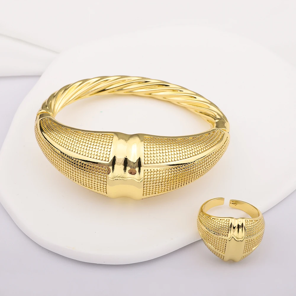 두바이 골드 컬러 기하학적 디자인 패션 팔찌 반지 쥬얼리 세트 아랍 아프리카 브라질 여성 웨딩 신부 파티 선물 Aliexpress