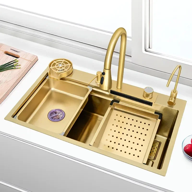 Gold-304-Stainless-Steel-Kitchen-Waterfall-Sink-Washing-Basin-Large ...