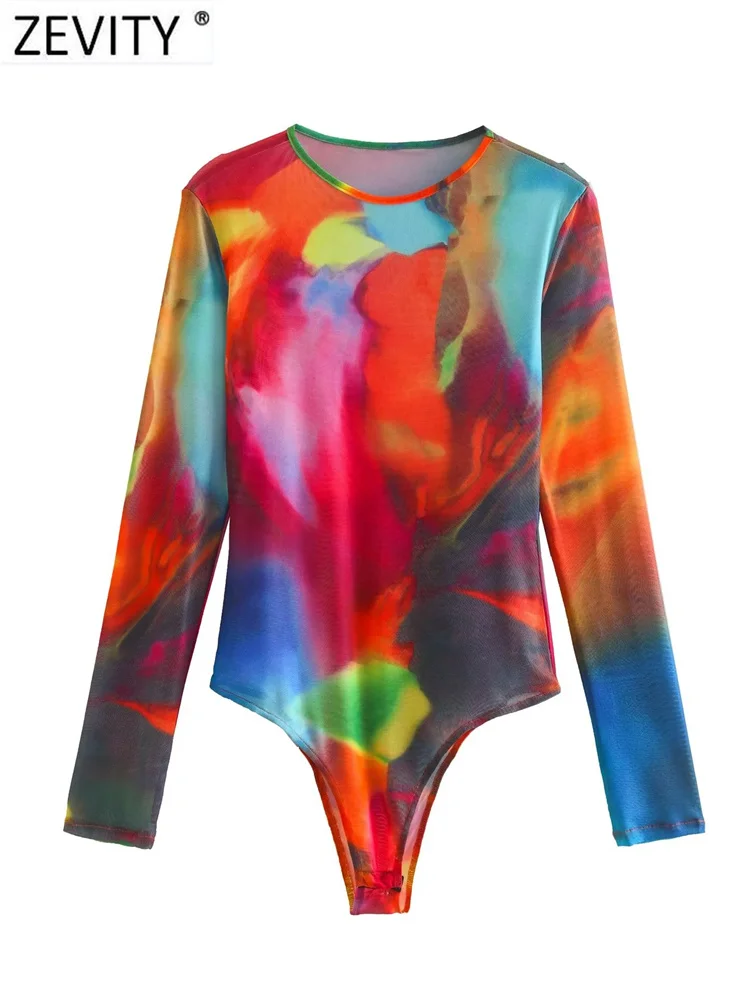 Zevity Women Sexy Colorful Tie Dyed Printing Mesh Yarn Slim Bodysuits ...