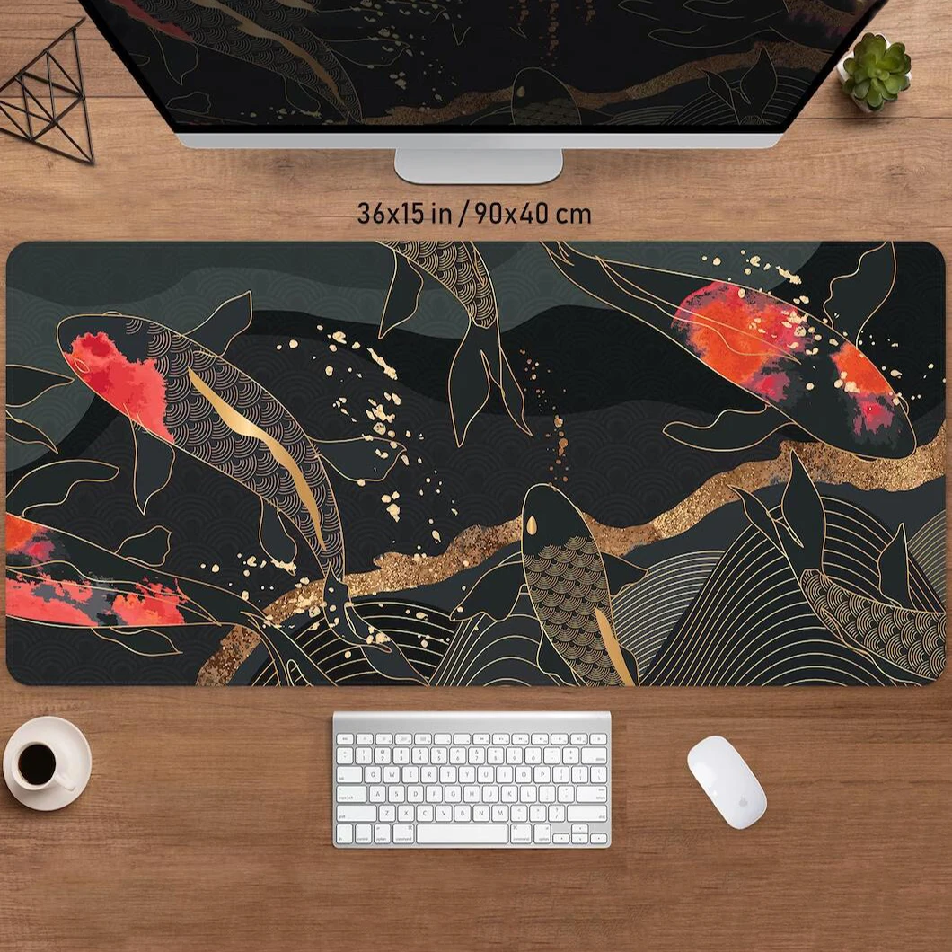 Kawaii-Desk-Mat-koi-Fish-Mousepad-Black-Gold-Large-XXL-Gaming-Deskmat ...