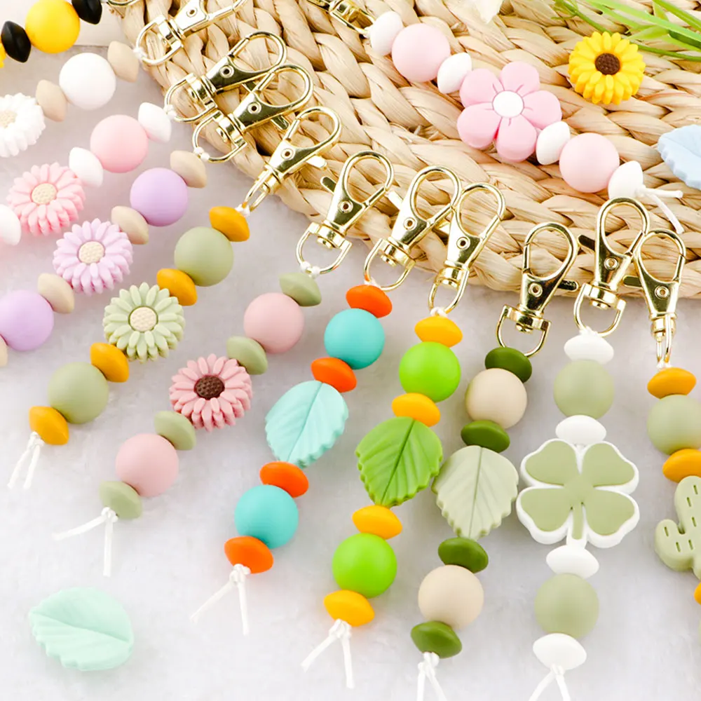 Flowers-Silicone-Beaded-Keychain-Handmade-Leaves-Beads-Key-Chains-For ...