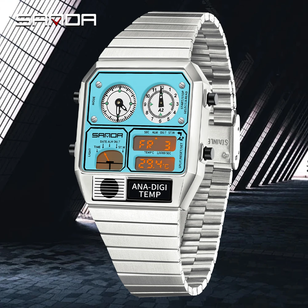SANDA New 3192 Men's Square Men's Electronic Watch Waterproof LED ...