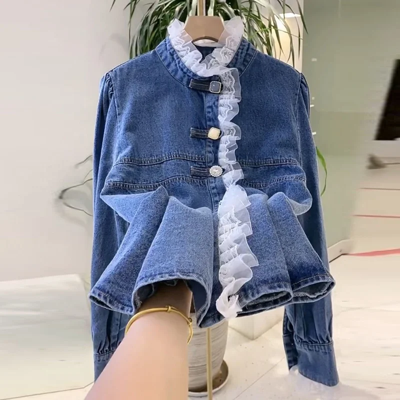 Denim Shirts Lace Sleeves | Denim Blouse Long Sleeve Lace | Blouses ...