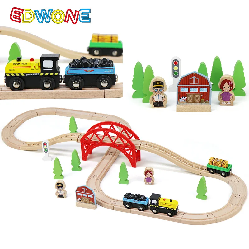 NEW 39PCS/Set Red Bridge Beech Wood Train Track DIY Railway Tracks Fit ...