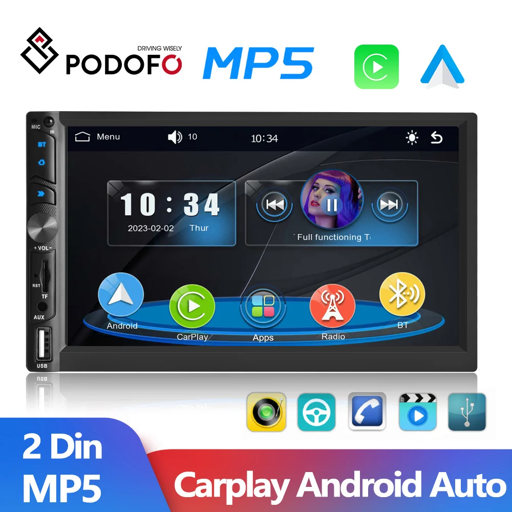 Podofo 2din carplay rádio estéreo do carro 7 player player jogador mp5 do carro da tela de toque ...