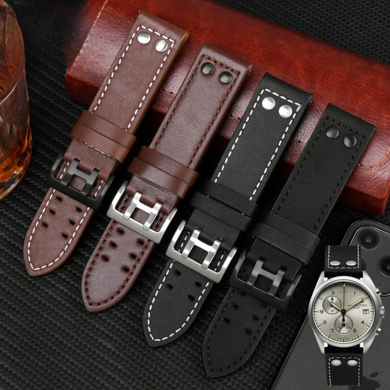 For-Hamilton-Watch-Strap-Genuine-Leather-Cowhide-Steel-Special-Buckle ...