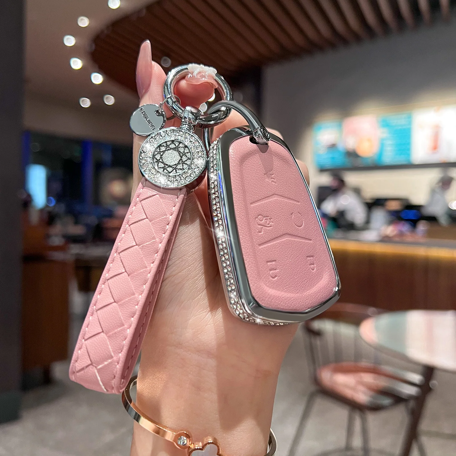 for Cadillac Key Fob Cover with Keychain, Pink Genuine Leather Crystal ...