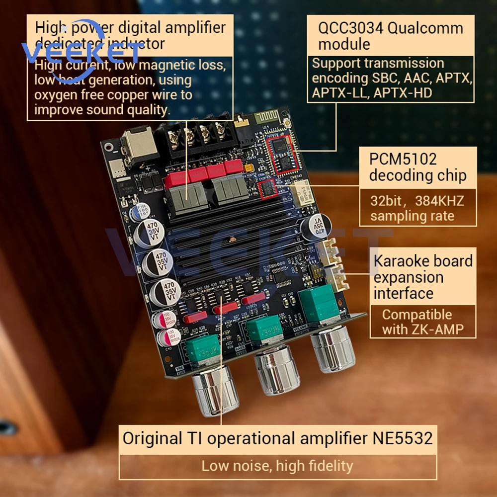 ZK-1002Q 100Wx2 Channels Digital Amplifier Board Bluetooth 2.0 QCC3034 ...