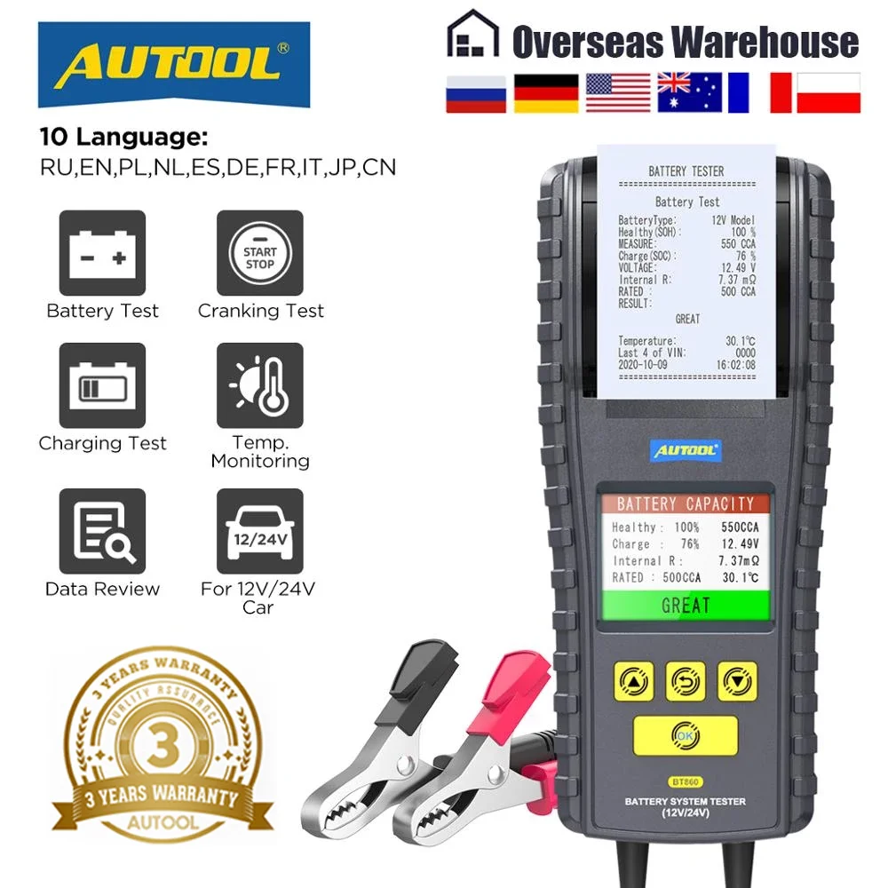 AUTOOL BT860 12~24V Car Battery Tester with Printer & Real Time ...