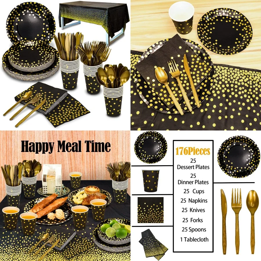 176 Pieces Gold Disposable Party Dinnerware Set with Golden Dot Design ...