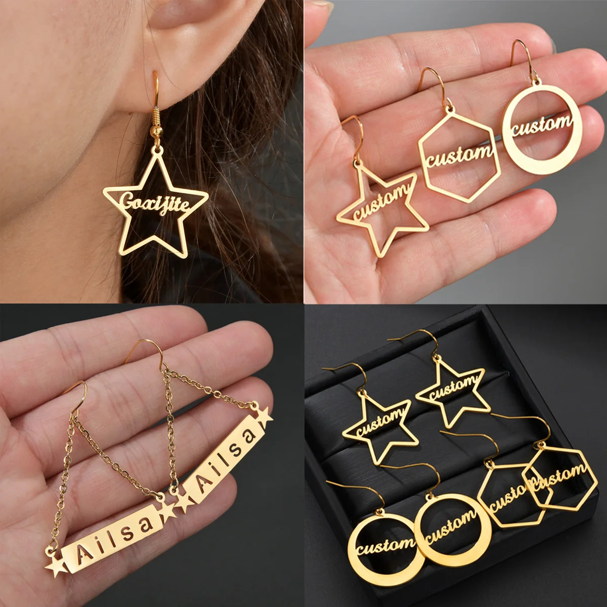Personalized Custom Name Round Star Earrings Stainless Steel For Women ...