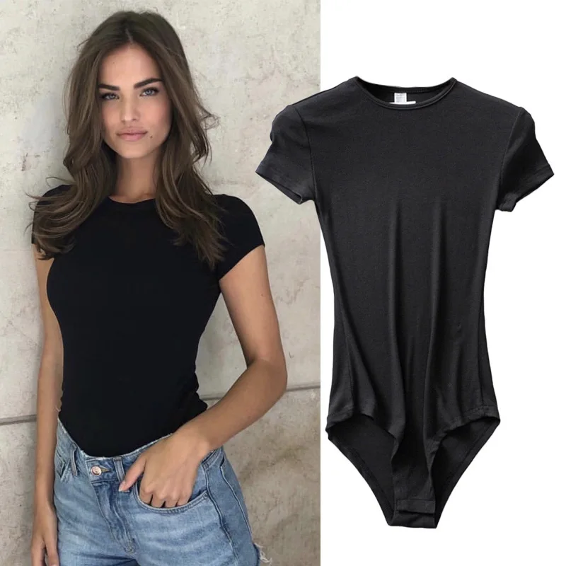 Casual-Basic-Solid-Color-Bodysuit-For-Women-Short-Sleeve-Jumper-Body ...