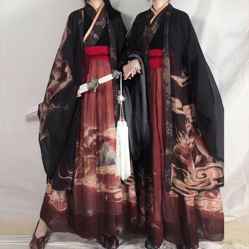 Chinese Hanfu Couples Ancient Traditional Print Hanfu Red Black Sets ...