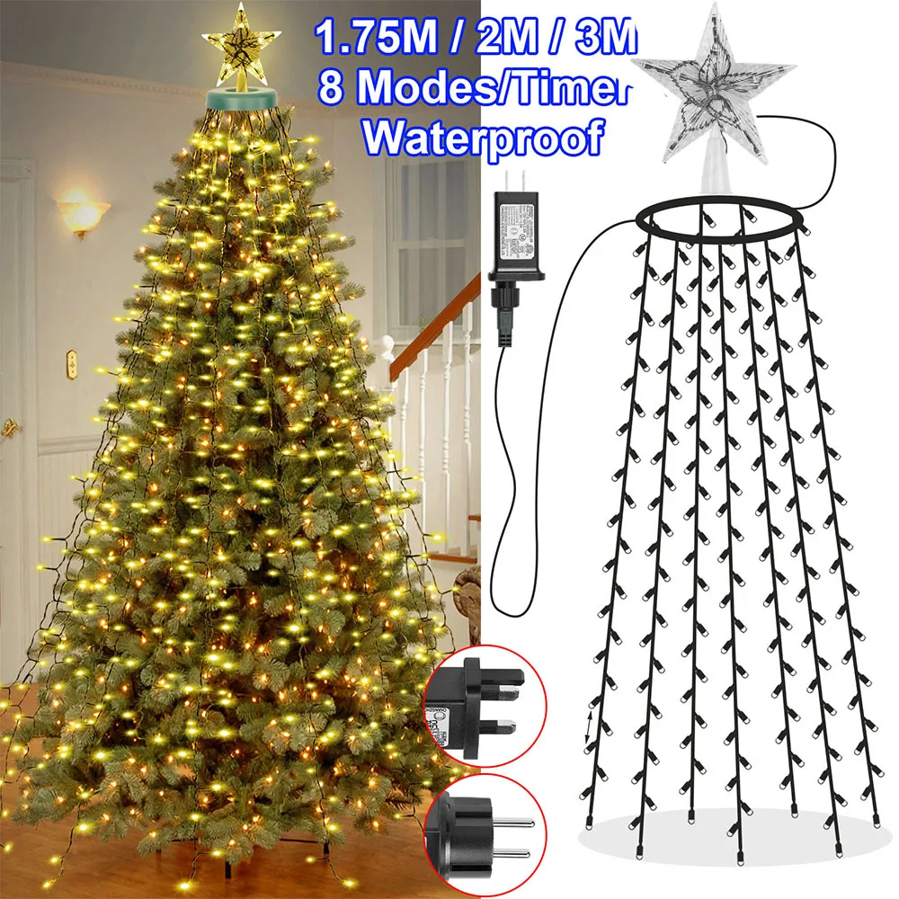 8-Modes-Timer-LED-Christmas-Tree-Waterfall-Lights-with-Star-Topper ...
