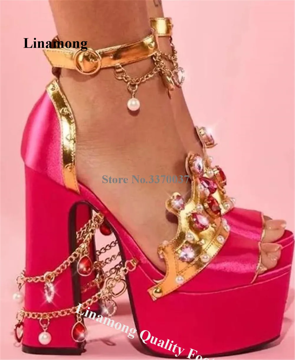 Linamong Colorful Diamonds Metal Chains Decorated Thick Heel Sandals ...