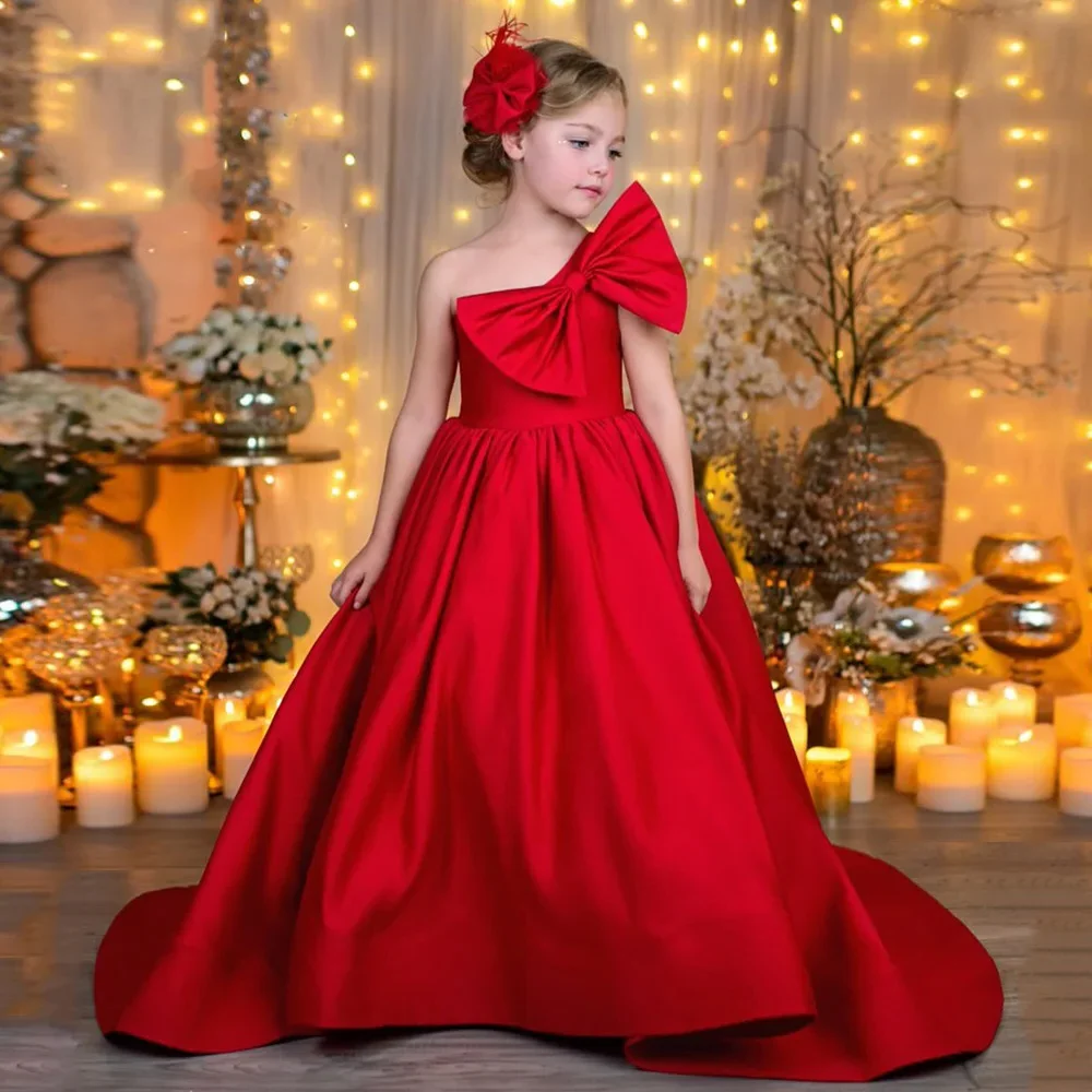 One-Shoulder-Sleeveless-Red-Satin-Flower-Girl-Dress-Big-Bow-Girls ...