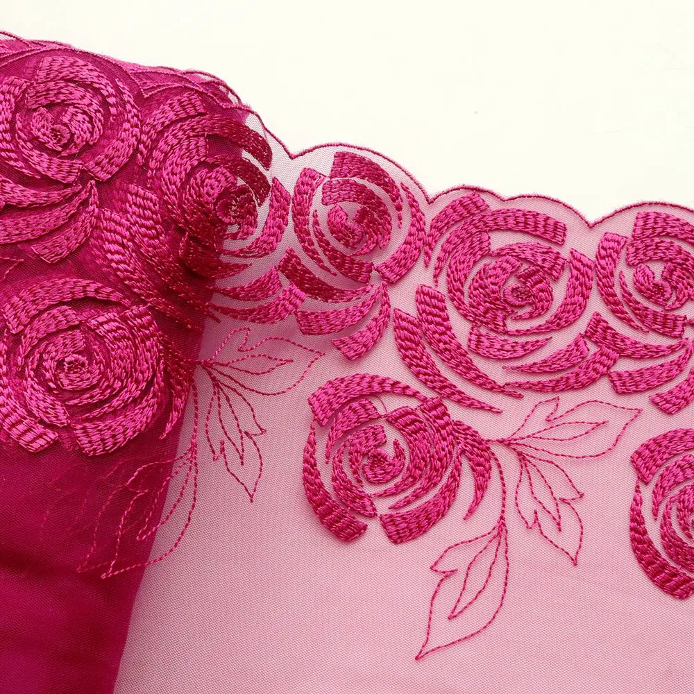 1 Meter 18 CM Width Hot Red Rose Floral Embroidered Lace Trim Mesh ...